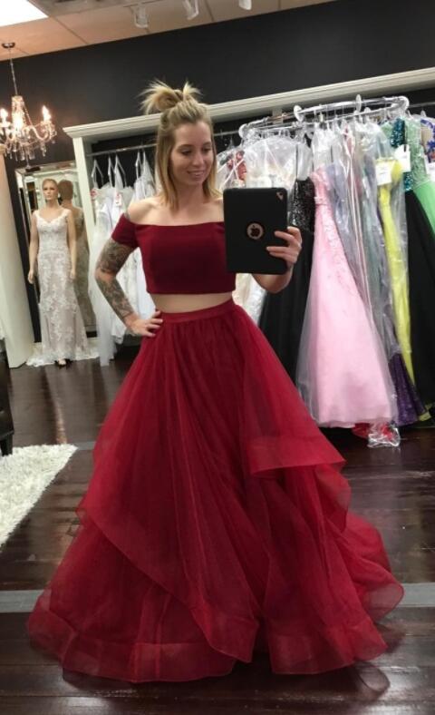 Burgundy Tulle Prom Dress, Sexy Two Piece Prom Dresses, Long Homecoming ...