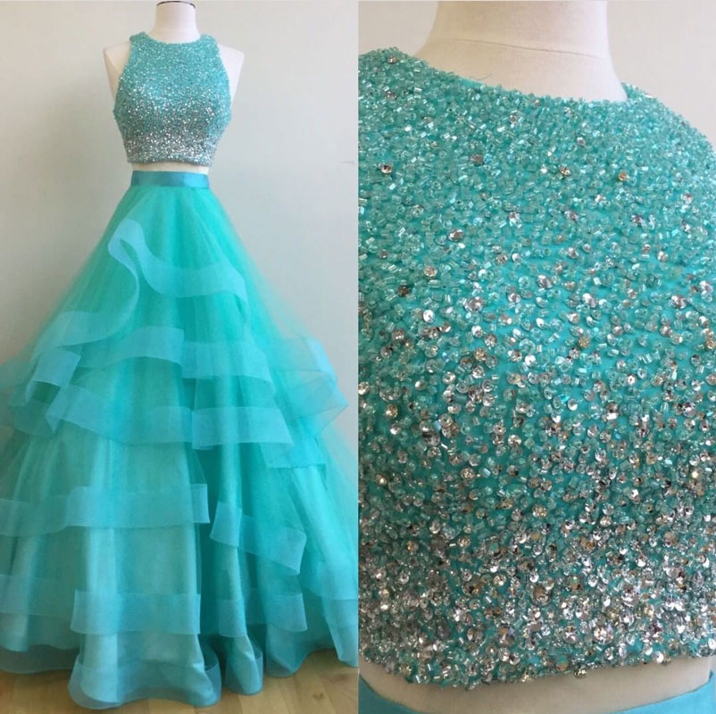 Evening Dresses,modest Prom Dress,two Pieces Sequin Tulle Long Prom ...