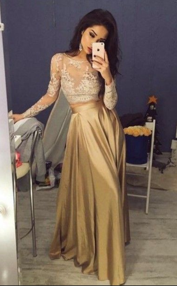 Gold Prom Dress, Long Prom Dress, Lace Sleeves Evening Gown, Formal ...